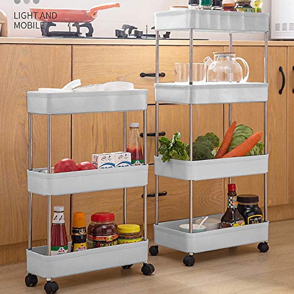 Slim Storage Cart,DLO 3 Tier Mobile Shelving Unit Organizer Slide Out Storage Rolling Utility Cart Tower Rack for Kitchen Bathroom Laundry Narrow Places,Gray