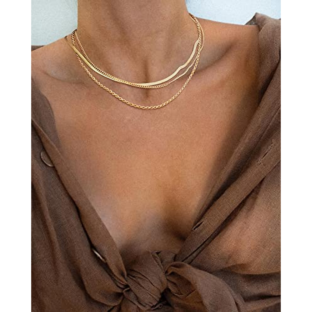 Freekiss Gold Necklace for Women Herringbone Necklace for Women,Simple Gold Layered Necklaces Chunky 14k Gold Plated Necklace Gold Chain Gold Jewelry Gift for Women