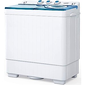 Twin Tub Portable Mini Washing Machine 26lbs Capacity, Compact Washer(18lbs)&Spiner(8lbs)/Built-in Drain Pump/Semi-Automatic (White&Blue)