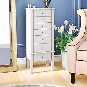 Alveare Home Helena Standing Jewelry Armoire – Elegant Storage with 6 Drawers, Jewel Knobs, Mirror, Ring Rolls, Necklace Hooks & Cord Management – White Finish