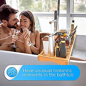 Luxury Bamboo Bathtub Caddy Tray, 1-2 Person SPA Bath and Bed Time, Adjustable Bathroom Bath Tub Organizer with Extending Sides Wine Glass Holder Book or Tablet Stand, Gift Bath Accessories for Women