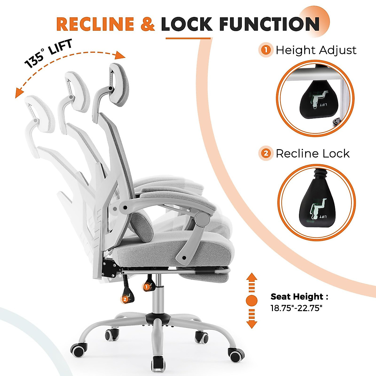 Sweetcrispy Office Computer Desk Chair, Ergonomic High-Back Mesh Rolling Work Swivel Chairs with Wheels, Comfortable Lumbar Support, Comfy Arms for Home, Bedroom, Study, Student, Grey