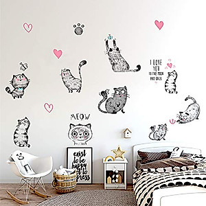 Cartoon Cats Wall Decals - MAIYU 9 Cute Kittens with Butterfly Heart Paw Print Wall Stickers for Kids Bedroom Living Room Nursery Home Decorations
