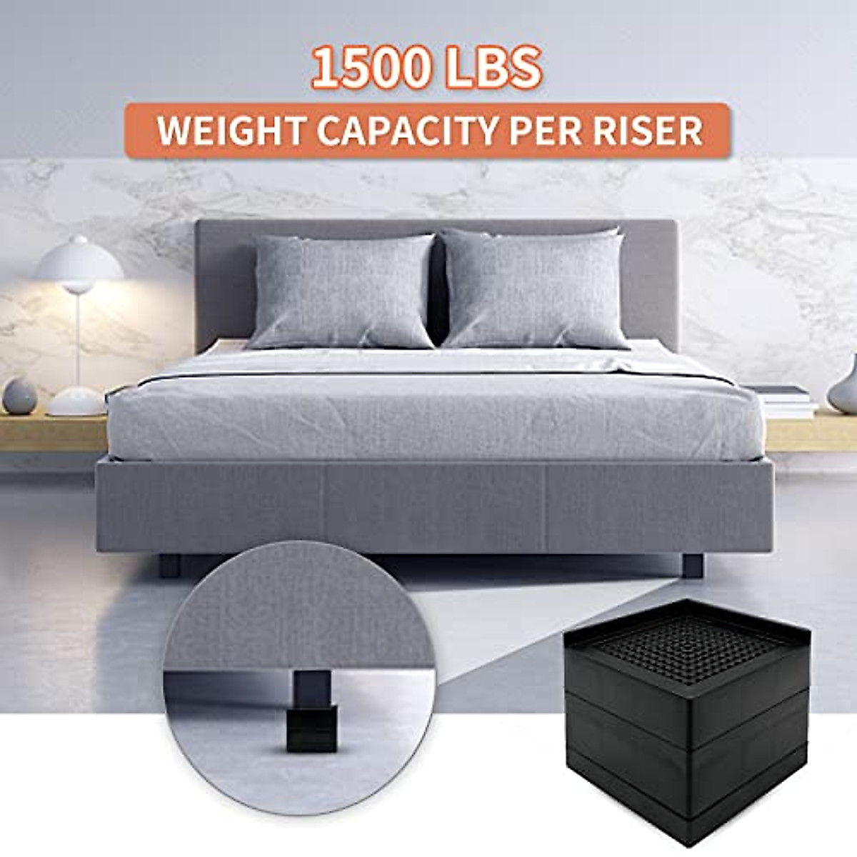 JONHWI Bed Risers, Furniture Raise Blocks, 3 inch Stilts Heavy Duty for Bed Couch Desk Sofa Table Lifts, Furniture Legs Lifters Support up to 1300 Lbs (Black, 8 Pack Set)