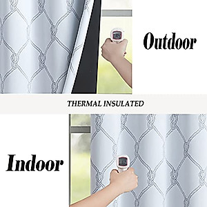 Geomoroccan Full Blackout Curtains 63 inch Length 2 Panels Set,Knot Printed Decorative Suitable for Living Room and Bedroom,Grommet Top Thermal Insulated Drapes （50" x 63",White & Grey）