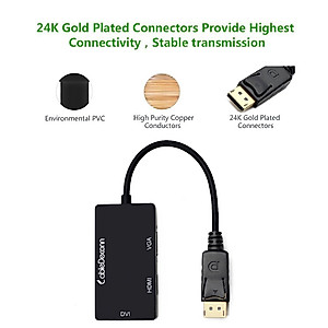 CableDeconn Multi-Function Displayport Dp to HDMI/DVI/VGA Male to Female 3-in-1 Adapter Converter Cable