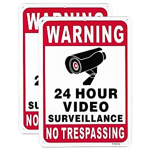 Ertzinla 2 Pack 24 Hour Video Surveillance Sign, No Trespassing Warning Sign, Aluminum 10 x 7 inch Security Camera sign for home Business Driveway Alert CCTV, Reflective, UV Protected…
