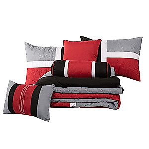 Chezmoi Collection 7-Piece Quilted Patchwork Comforter Set, Red/Gray/Black, Queen