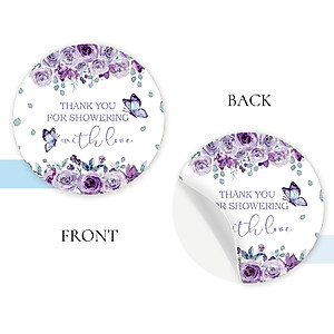 96pcs Purple Butterfly Round Stickers, Thank You for Fluttering by Stickers, Butterfly Birthday Stickers, Butterfly Thank You Stickers for Floral Themed Bridal Shower Party Favors