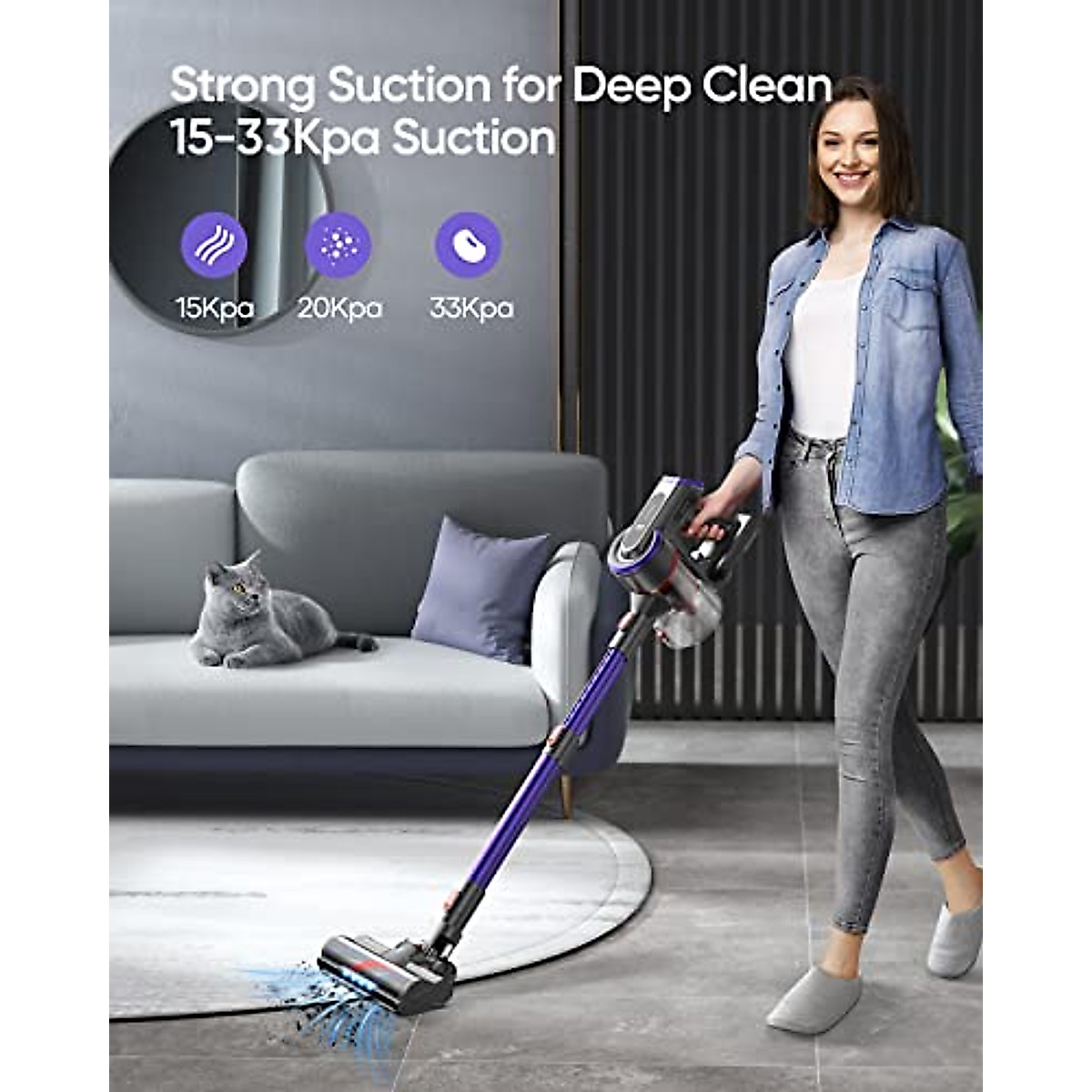 BuTure Cordless Vacuum Cleaner, 400W 33Kpa Powerful Stick Vacuum with 55min Runtime Detachable Battery, Touch Display and 1.2L Large Dust Cup, Vacuum Cleaners for Hardwood Floor Carpet Car Pet