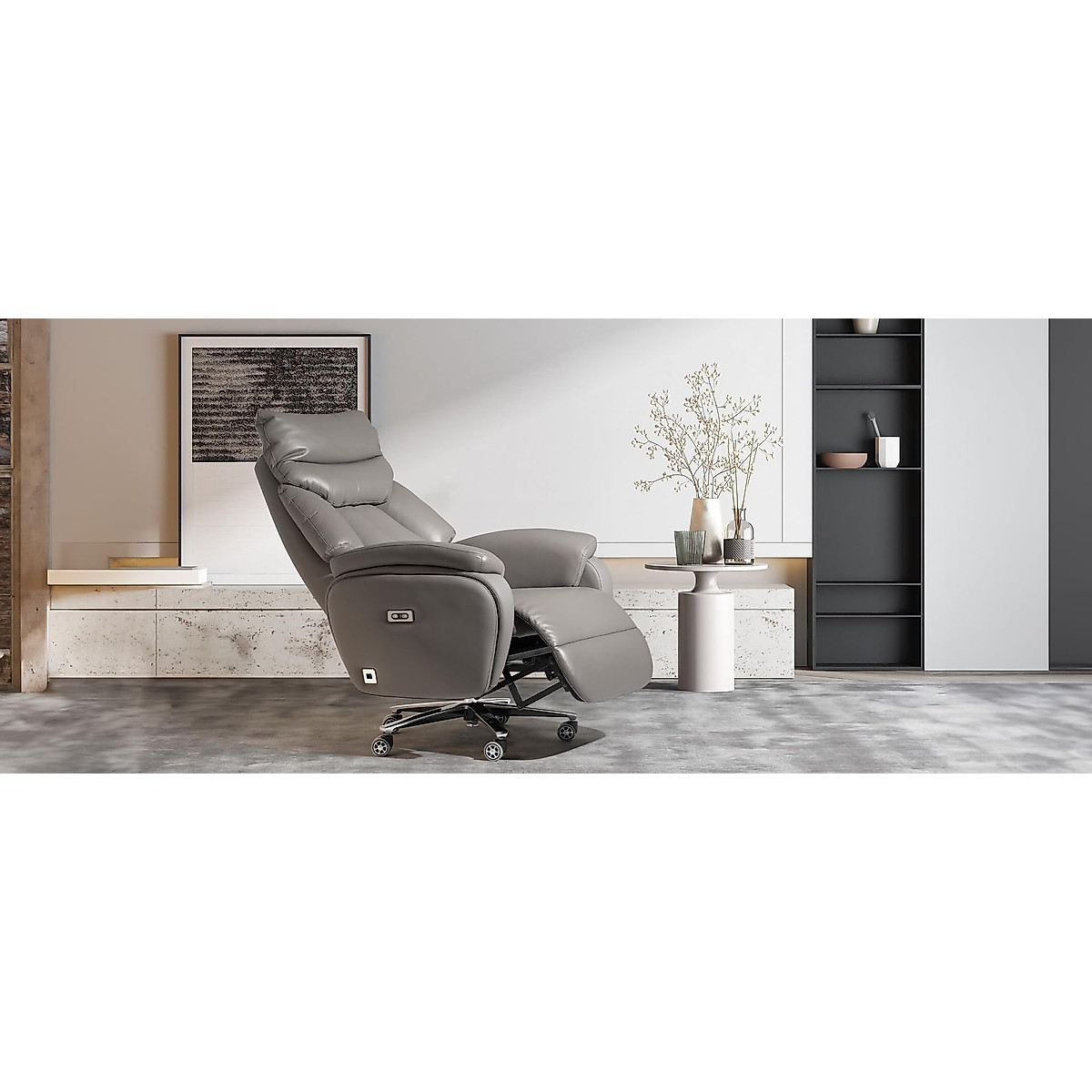 Kinnls Coast Power Office Recliner Chair,Big and Tall Executive Office Chair Fully Reclining Modern Ergonomic Genuine Leather Desk Chair with Arms (Gray-Dual Motor)