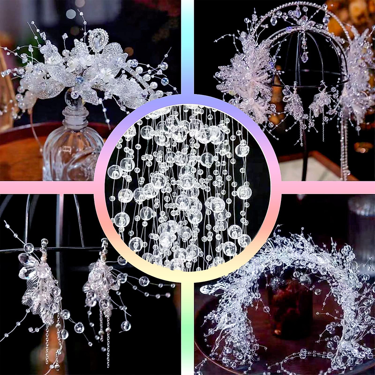 FQTANJU 200 Ft Acrylic Crystal Clear Beads String Roll, 8mm and 3mm Mixed, Party Garland Wedding Centerpieces Bridal Bouquet Crafts Decoration 60M