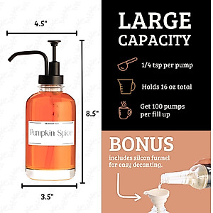 Coffee Syrup Dispenser with Pump, Set of 2, Coffee Bar Syrup Dispenser with Silicone Funnel, Glass Coffee Syrup Bottles for Coffee Bar, Black Syrup Pumps for Coffee Bar, Coffee Pumps for Syrup