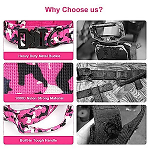 Tactical Dog Collar for Medium Large Dogs, WANYANG Military Dog Collar with Quick Release Metal Buckle K9 Dog Training Working, Adjustable Nylon Collars with Handle, Pink Camo