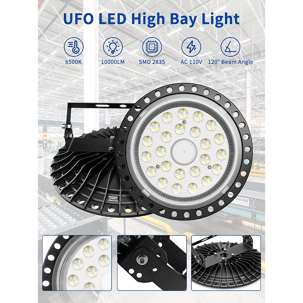 4 Pack LED High Bay Light|100W 10000LM UFO LED High Bay Light|6500K Daylight LED Shop Light|IP65 Waterproof LED Commercial Warehouse Area Light|LED Garage Light for Garage Gym Factory Warehouse