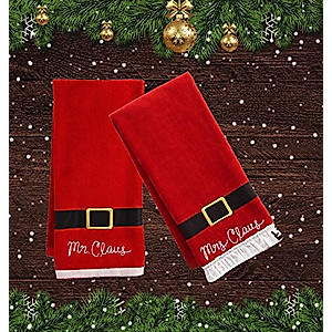 St. Nicholas Square Christmas Towels, Red Bath Hand Towel Set of 2, Mr. & Mrs. Claus with Santa Belt Decorative Design 25 x 16 Inches Bathroom Decorating for The Holidays