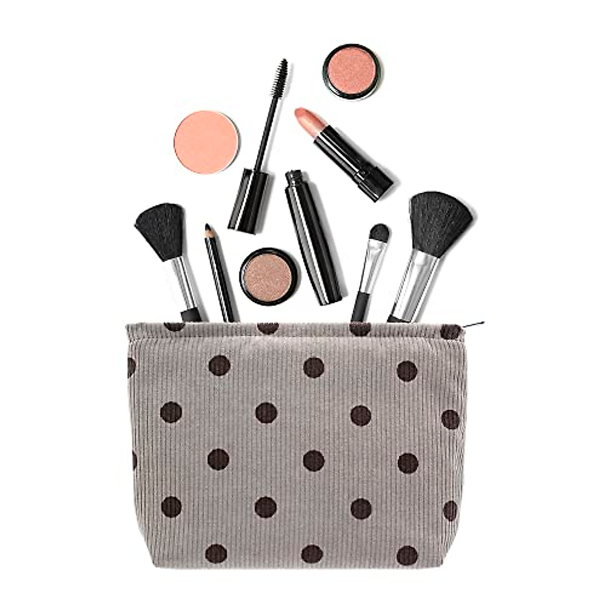 PAZIMIIK Makeup Bag Large Zipper Corduroy Make Up Pouch for Purse Travel Canvas Cosmetic Organizer for Women Brush Storage,Polka Dot Grey