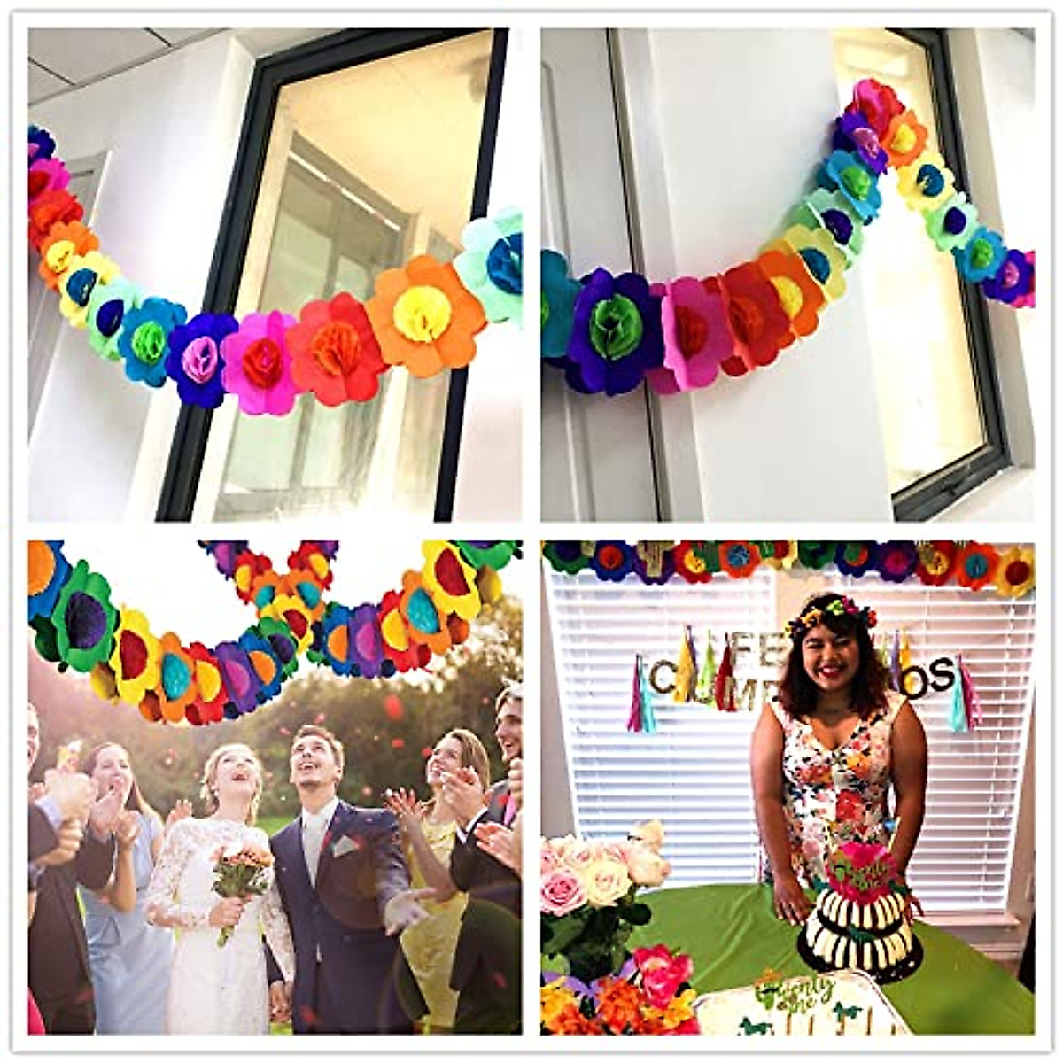 2pcs 9 Feet Rainbow Honeycomb Paper Garland Flower Banner,Mexican Paper Garland Hibiscus Garland,Large Tropical Tissue Paper Flowers for Luau Party Hawaiian Fiesta Handcrafted Hanging Decorations