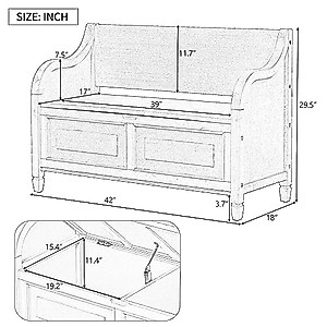 Appot WF299118AA 42" Storage Bench for Entryway, Rustic Style Solid Wood Multifunctional EntrywayBench with Safety armrests and backrests, EntrywayStorage for ShoeBench, ShoeCabinet, 1, Grey