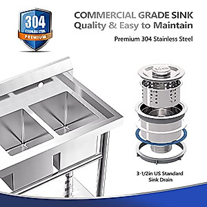 VINGLI 39" W 2 Compartment Commercial Sink with Drainboard, Double Basin Sink and A Shelf Underneath, 304 Stainless Steel Table with Sink, Freestanding Utility Sink and Countertop for Restaurant, Shop