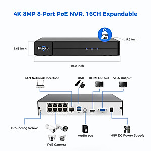 【16 channel Extendable】Hiseeu 8 Port 4K PoE Network Video Recorder NVR, Support 4K/2K/8MP/5MP/3MP/1080P PoE Camera, Free Remote Access, Motion Alarm, 24/7 Recording, Smart Playback, No Hard Disk Drive