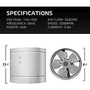 iPower 8 Inch 254 CFM Inline Duct Fan with Low Noise, HVAC Exhaust Ventilation Fan for Bathrooms/Kitchens/Basements/Attics, Grey