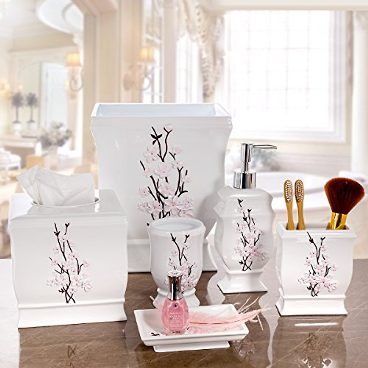 Creative Scents White Trash Can - Decorative Elegant Designed Wastebasket - Durable Small Bathroom Trash Can - Waste Basket for Bathroom, Powder Room, Bedroom Or Living Room Decor (Vanda Style)