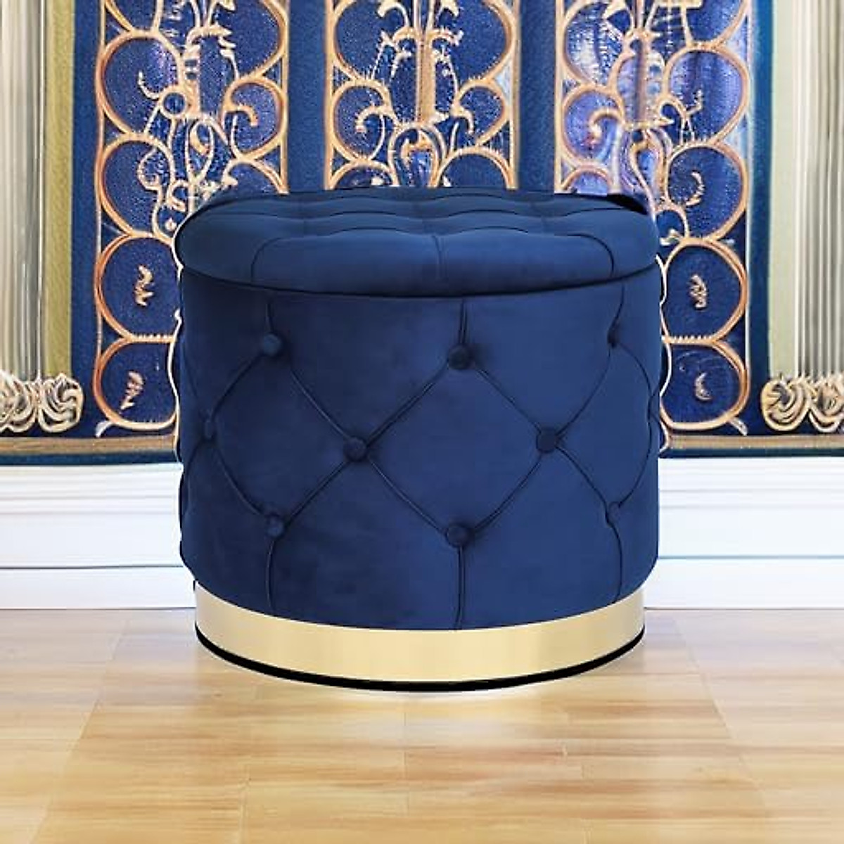 Homebeez 18.9" Round Velvet Storage Ottoman, Pre-Assembled Multi-Function Storage Vanity Stool, Button Tufted Accent Coffee Table with Golden Plate Base,Navy Blue