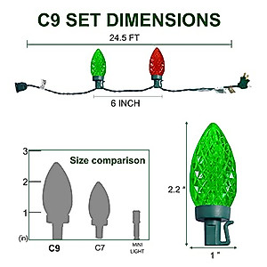 C9 Christmas Lights, 50 LEDs 24.5 FT Faceted String Lights Connectable Commercial Grade Indoor Outdoor, 120V UL Certified Xmas Strawberry Tree Light Strand for Garden Patio Parties, Multicolor