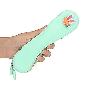 Silicone Pencil case Small Capacity Pure Color Narrow Stitching line Student Pencil case Organ Design for School Radish Rabbit and Radish House, Green