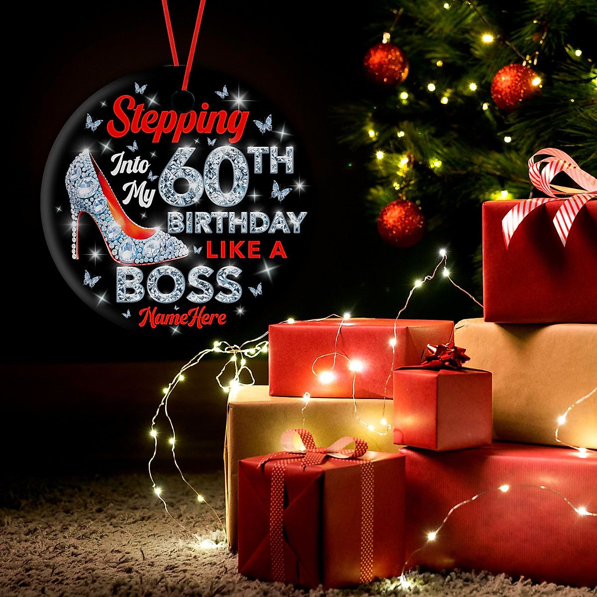 Personalized 60th Birthday Ornament Glittered High Heel Round Ceramic Ornament 3 Inch Keepsake for Birthday Christmas Tree Decoration Inspirational Awesome Bday Party Gift for Women Girls Friends