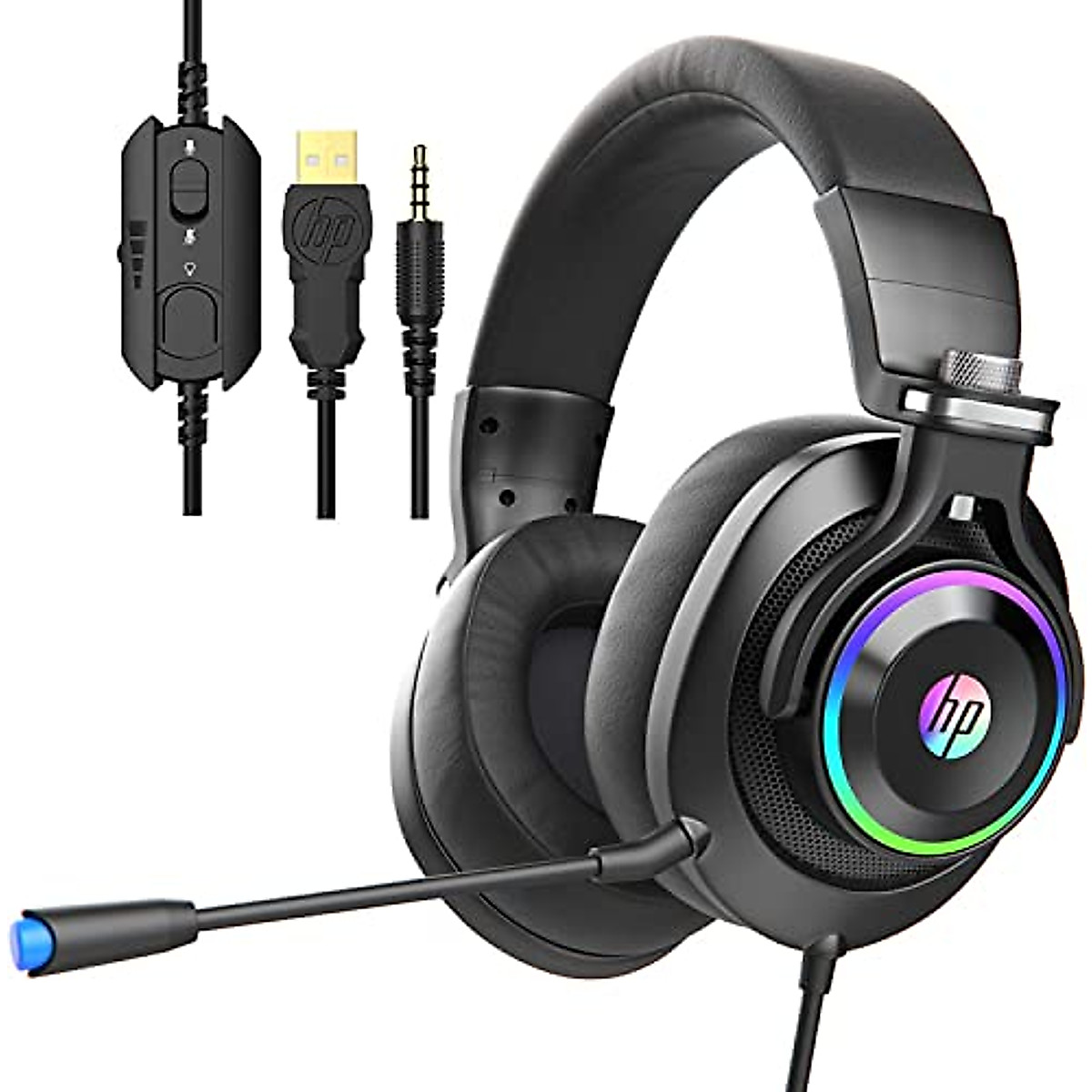 HP Wired Gaming Headphones Xbox One Headset with Surround Sound, RGB LED Lighting, Noise Isolating Over Ear Gaming Headset with Adjustable Mic, for PS5,PS4, Xbox One, Nintendo Switch, PC, Laptop-Black
