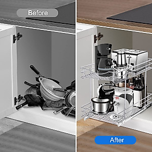 Fulgente Chrome Finish Pull Out Drawer Cabinet Organizer, Professional Wire Frame 2 Tier Heavy Duty Slide Out Kitchen Cabinet Storage Shelves, Sliding Pantry Shelf Bathroom 11"W x 21"D x 15.12''H