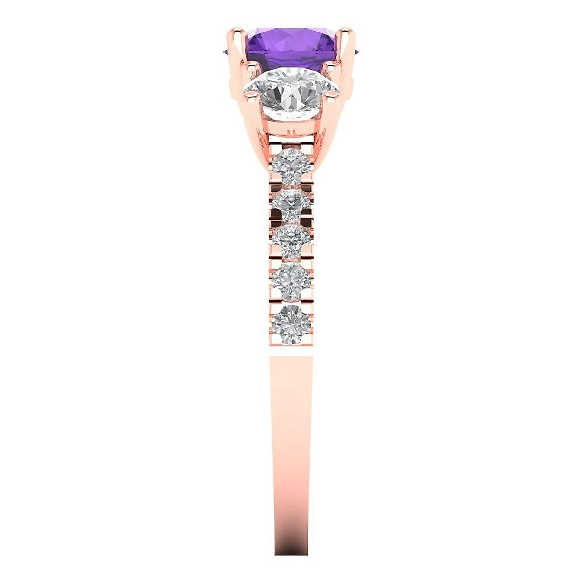 Clara Pucci 2 ct Round Cut Solitaire 3 stone accent Natural Amethyst gemstone Designer Anniversary Bridal Engagement Ring 14k Rose Gold