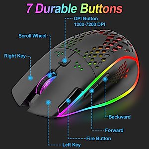 VEGCOO Wireless Gaming Mouse, C30 Silent Click Wireless Rechargeable Gaming Mouse with Double-Click Key and Colorful LED Lights, 3 Level Adjustable DPI, 400mah Lithium Battery for Gaming and Working