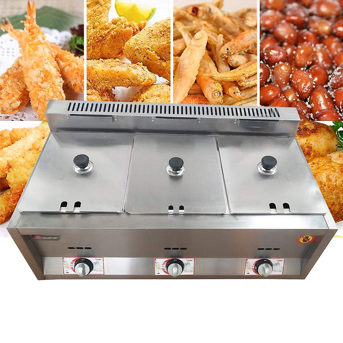 Food Warmer, 3-Pan 18L Gas Food Warmer Commercial Countertop Deep Gas Fryer Propane LPG Stainless Steel Buffet Steam Table Warmer with Lids for Catering Restaurants Home Party