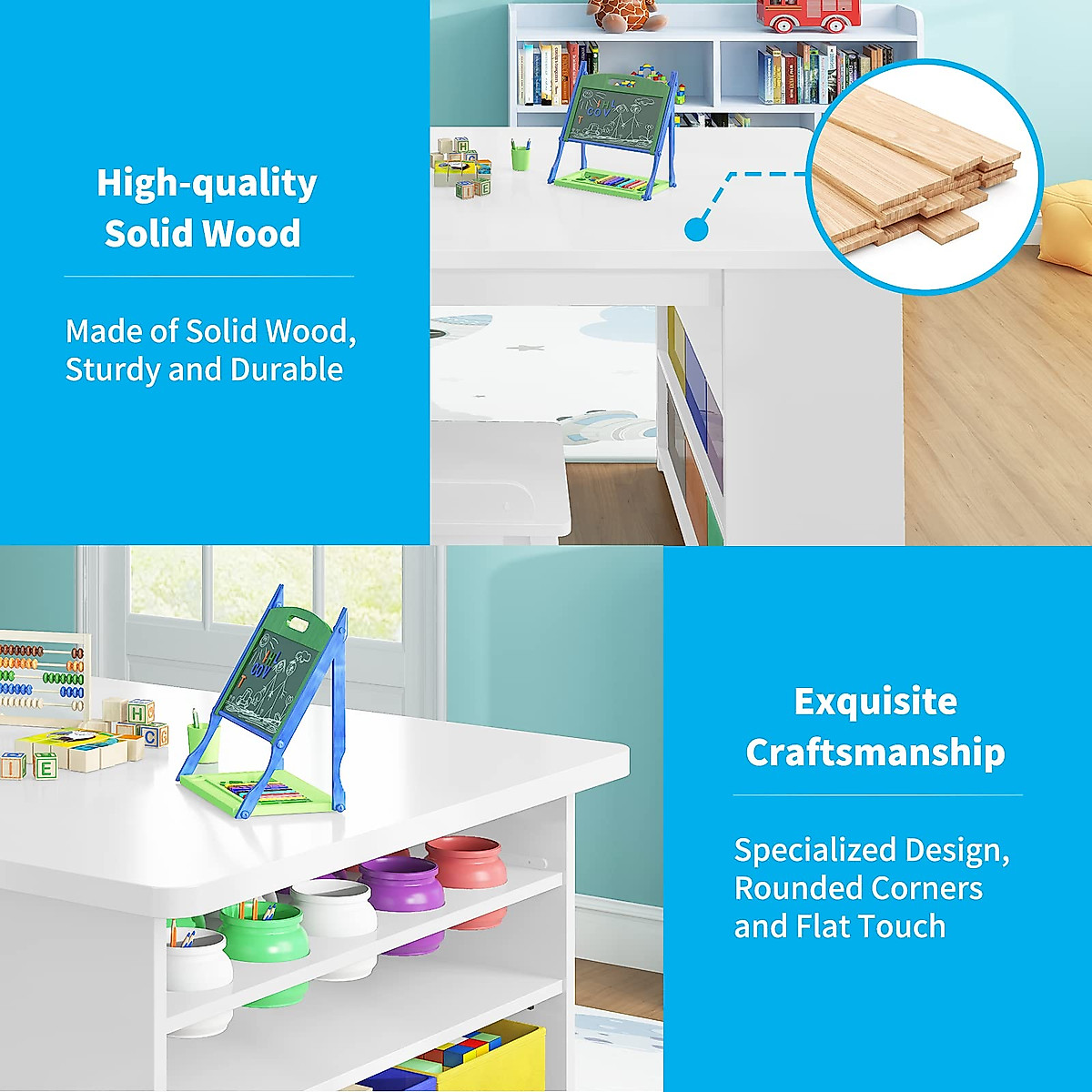 Mjkone Kids Art Table and 2 Chairs,Wooden Kid Craft Desk,Drawing and Painting Table Sets for Chirldren,Preschool Toddler Learning Furniture with Paper Roller,White