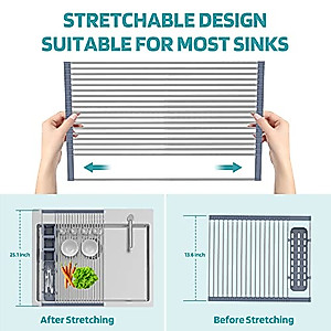 Extra Large Expandable Roll Up Dish Drying Rack Up to 25.1''with 2 Storage Baskets,Over The Sink Kitchen Rolling up Dishes Drainer, Foldable,Rollable for Fruits