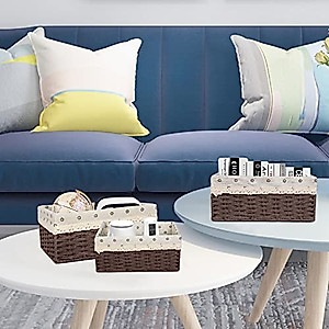 Storage Baskets for Shelves, Handmade Imitation Wicker Storage Baskets Set of 3 Stackable Woven Baskets for Storage with Removable Cotton Liner for Toilet Countertop Bedroom Livingroom Office Rectangle Decorative Storage Bins (Brown