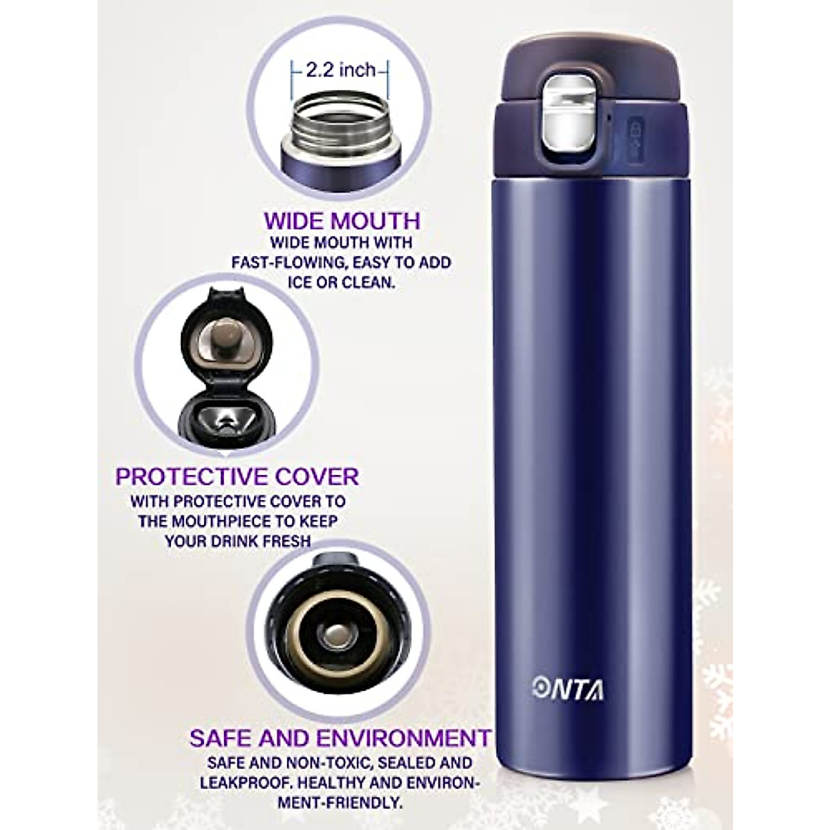 ONTA Insulated Vacuum Sports Water Bottle, 17OZ/500ML Keeps Cold 20H, Hot 12H Stainless Steel Water Bottle and Leakproof Thermos Coffee Travel Mug