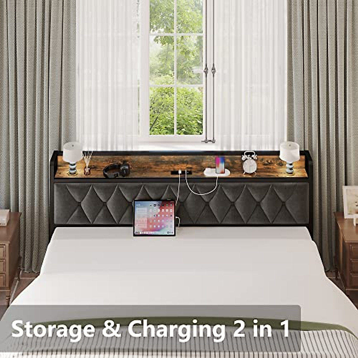 ANCTOR King Size Bed Frame, Storage Headboard with Outlets, Easy to Install, Sturdy and Stable, No Noise, No Box Springs Needed - Perfect for a Good Night's Sleep