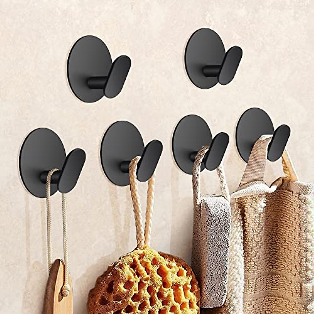 JiGiU Adhesive Hooks, 6 Packs Coat Hooks Towel Holder Wall Hooks Stick Stainless Steel Waterproof Towel Hooks Stickers for Bathroom Bedroom Kitchen Closet Cabinet -Matte Black