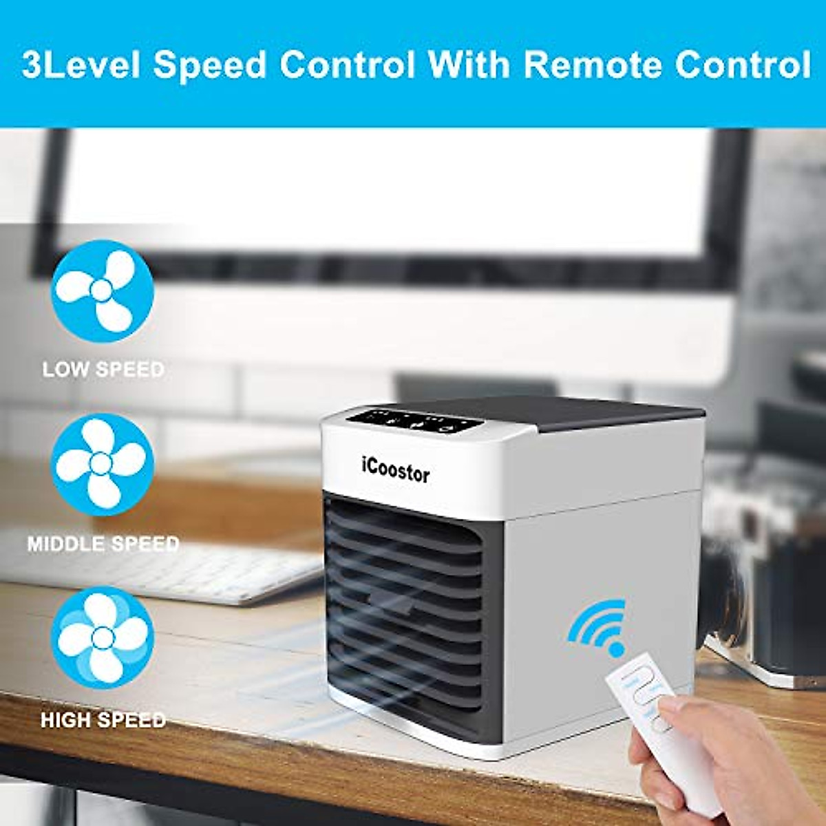 iCoostor Personal Space Air Cooler | Portable Evaporative Air Cooler | Humidifier with Touch Button & Remote Control & 3 Speed Levels &7 LED Light & Waterless Protect & Timer for Every Situation