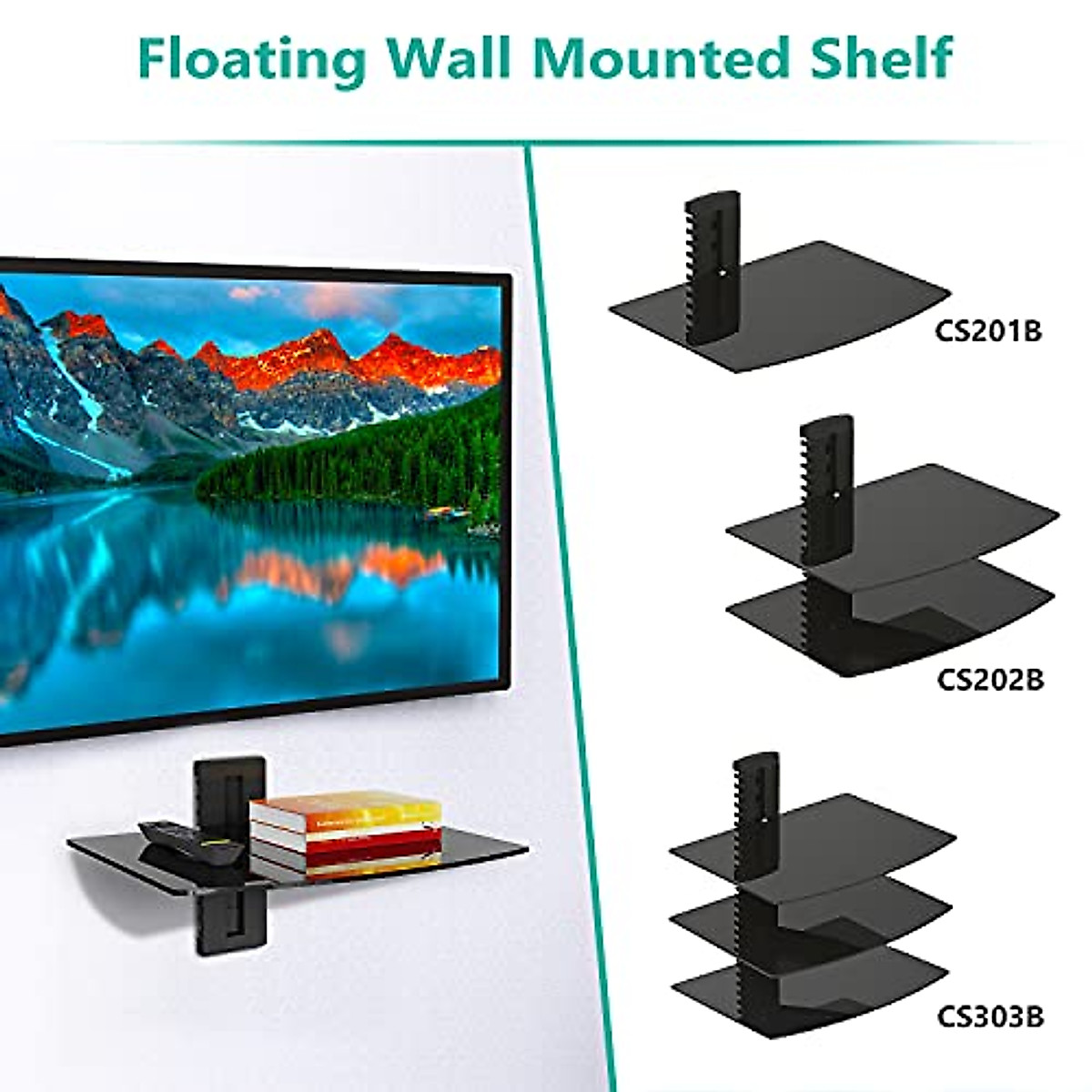 WALI Floating Entertainment Center Shelves, Holds Up to 17.6lbs, TV Shelf with Strengthened Tempered Glasses for DVD Players, Cable Boxes, Games Consoles, TV Accessories (CS201B), 1 Shelf, Black