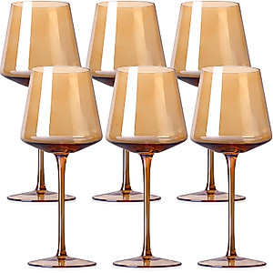 Amber Wine Glasses Set of 6-16oz Hand-Blown Amber Crystal Long Stem Wine Glasses Set, Unique Red White Wine Glasses For Home Bar,Party