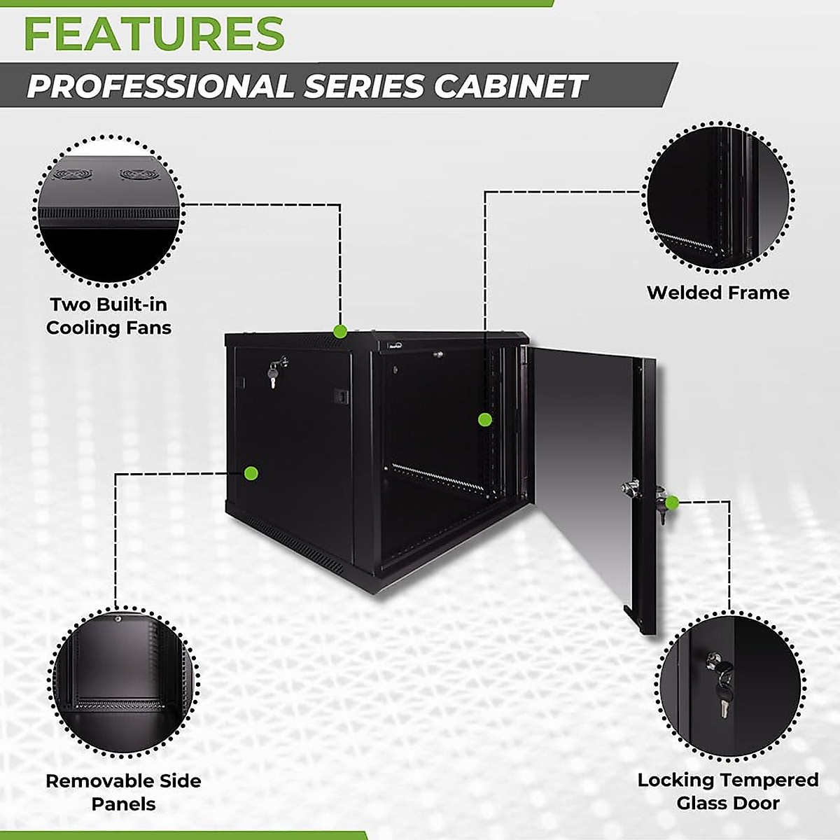 NavePoint 9U Server Rack Enclosure - 23.6” Deep, 9U Wall Mount Network Cabinet with Locking Glass Door for 19” IT Equipment, 9U Network Rack with 2 Fans, Removable Side Panels, Black