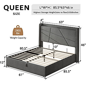 iPormis Queen Size Lift Up Storage Bed Frame with Charging Station, Upholstered Platform Bed Frame with Headboard, Hydraulic Storage, No Box Spring Needed, Noise-Free, Easy Assembly, Dark Grey