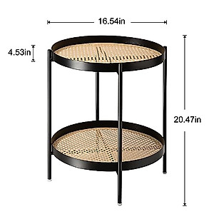 danpinera Black Side Table, 2 Tier Removable Tray Imitation Rattan Table for Living Room, Small Round Table for Bedroom, Small Metal Table for Nightstand 20.47 Inch x 16.54 Inch