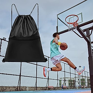 TEABAN Gym Drawstring Bag, Waterproof Drawstring Backpack with Zipper Pocket, Men's and Women's Fitness Drawstring Bag Swimming Bag, Black Large Capacity(19.3''x15.3'')