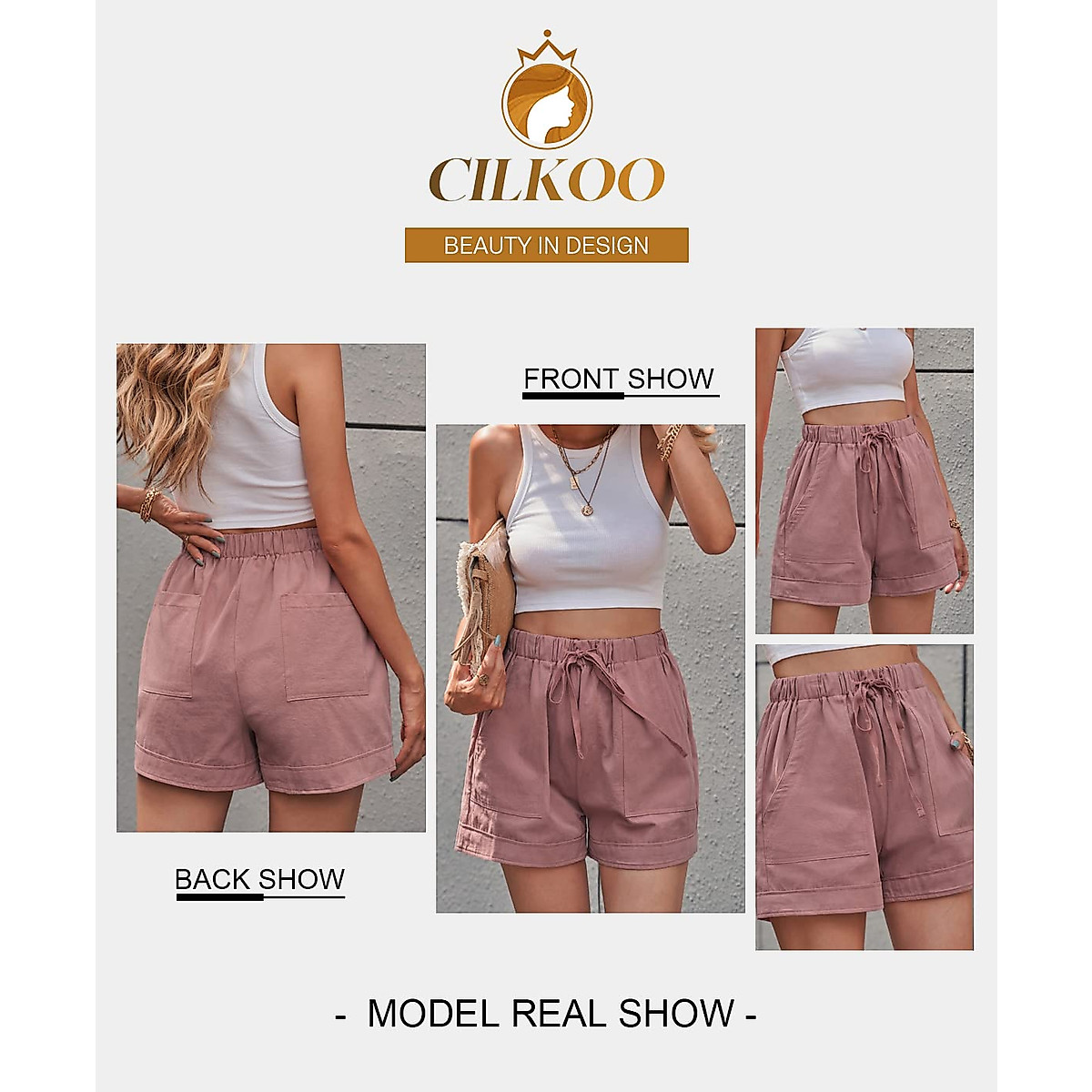 CILKOO Womens Casual Solid Drawstring Solid Elastic Waist Comfy Cotton Linen Shorts Beach Linen Shorts Pants Pockets Pink US8-10 Medium